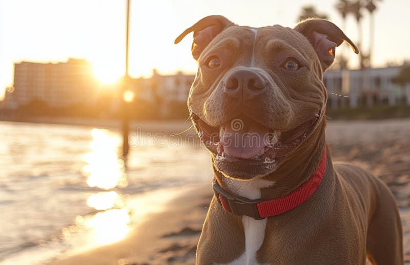American Bully Running on the Beach at Sunset with a Red Collar Stock ...
