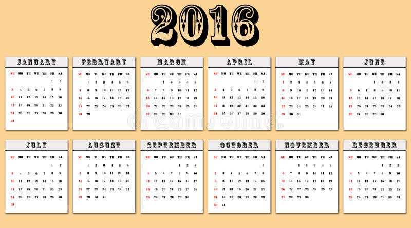 American Calendar 2016 Week Starts on Sunday Stock Illustration ...