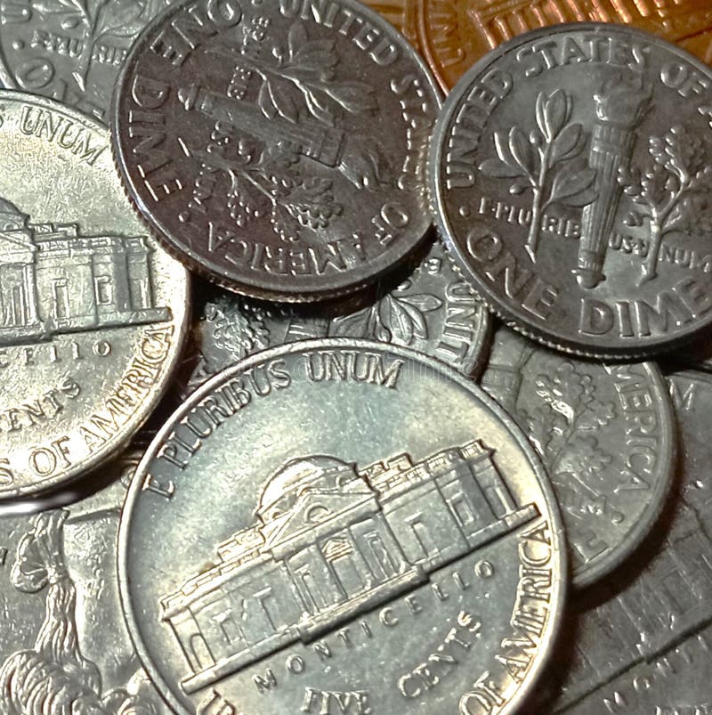 American Coins of Mixed Values on a Grey Background Stock Image - Image ...