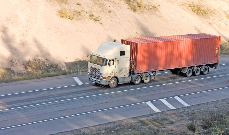 American Container Truck on Road Stock Photo - Image of load ...