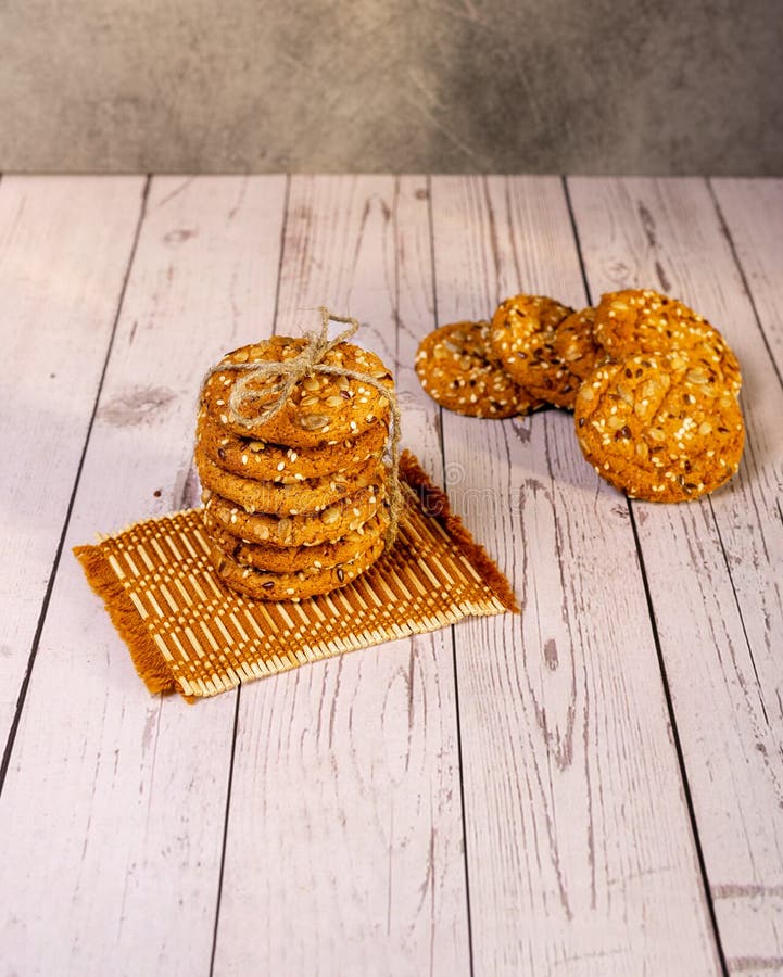 American Cookies with Seed Pieces, Laid Out in a Stack on a Light ...