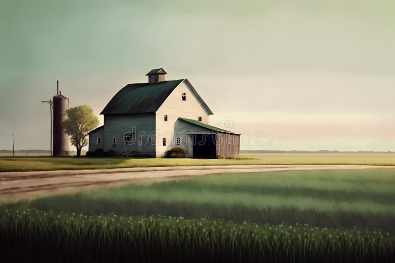 American Countryside with Barn and Windmill in the Background, Retro ...