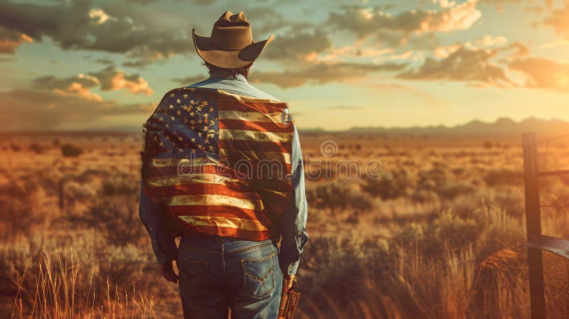 American Cowboy with the Flag Printed on His Shirt Stock Image - Image ...