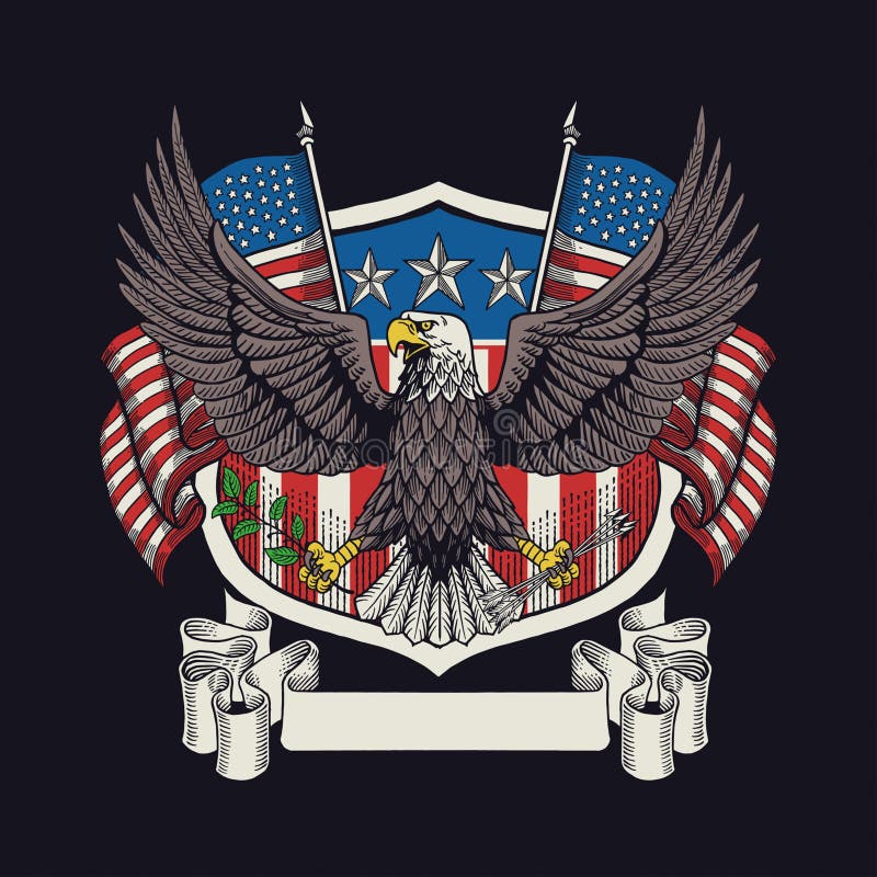 American Eagle Hand Drawn Illustration with Shield and Ribbon Stock ...