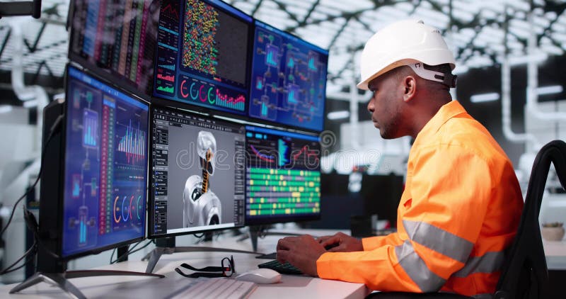 American Engineer Creating Futuristic Robot in Black Office Stock Image ...