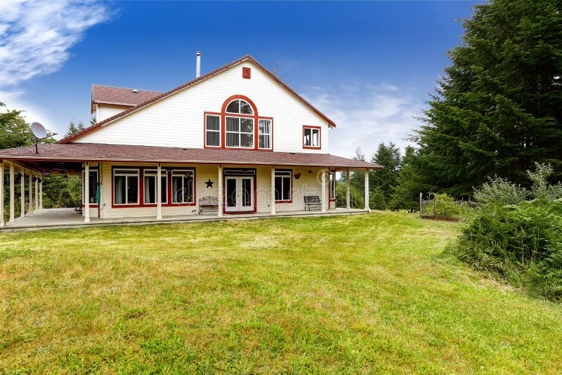 American Farm House Exterior with Red Trim Stock Image - Image of ...