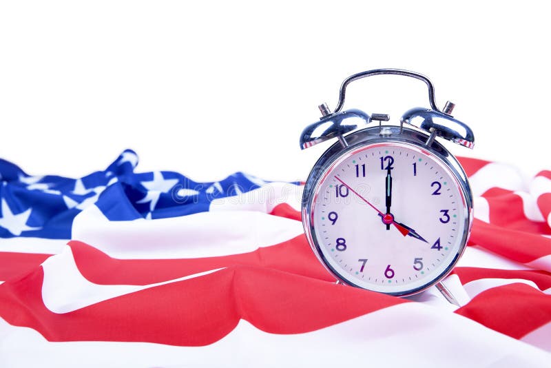 American Flag and Alarm Clock Isolated on White Stock Image - Image of ...