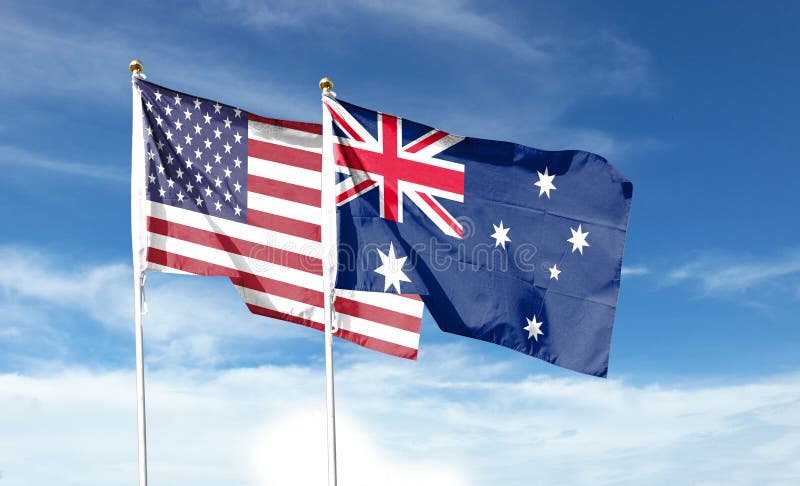 American Flag and Australian Flag on Cloudy Sky. Waving in the Sky ...