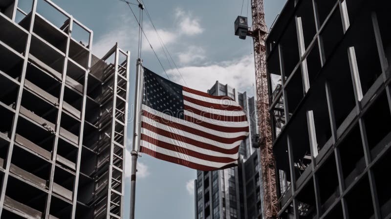 American Flag on the Background of the Construction of High-rise ...