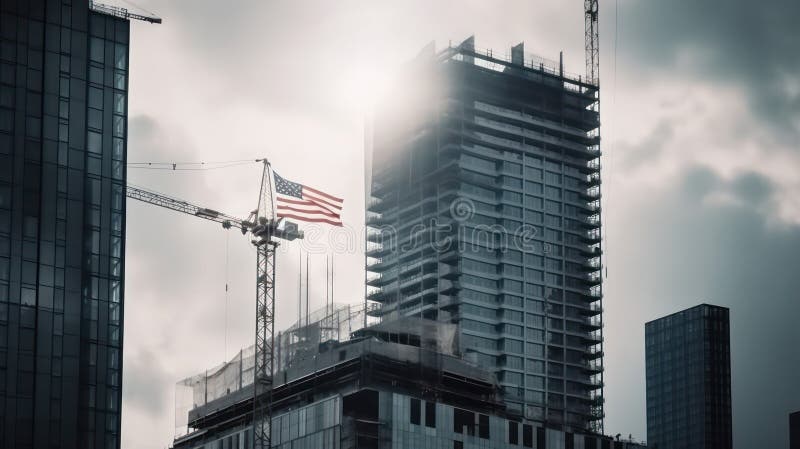 American Flag on the Background of the Construction of High-rise ...