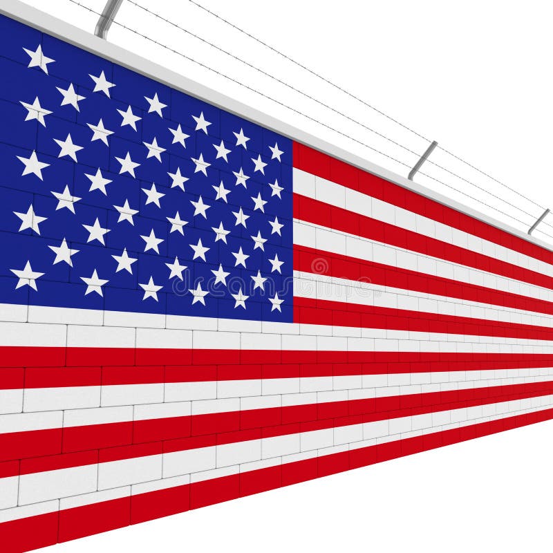 Us Flag On Brick Wall With Map Silhouette 3d Illustration Stock