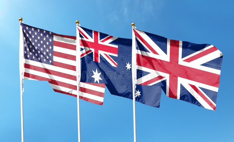 American Flag and British Flag with Australian Flag on Cloudy Sky ...