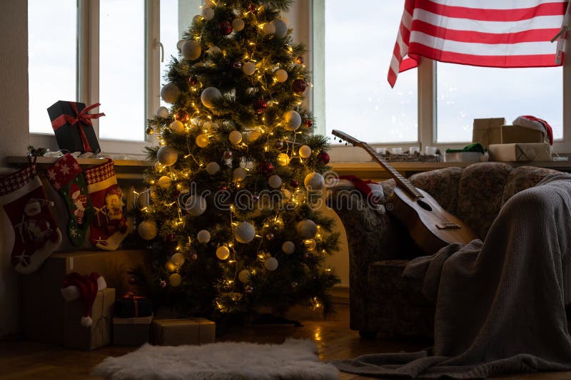 American Flag and Christmas Tree. Greeting Card. Stock Photo - Image of ...