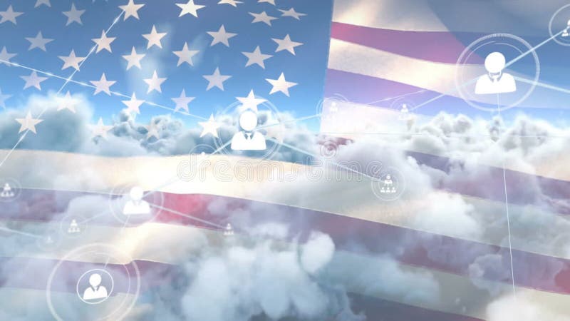 American Flag and Cloud Computing Animation Over Network of Connected ...