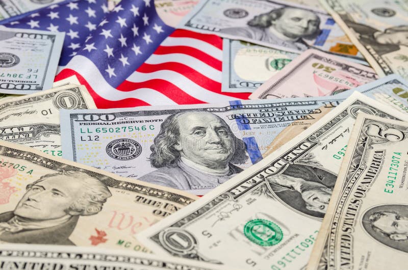 Usa Flag with Dollar Bills and Coin Stock Image - Image of background ...