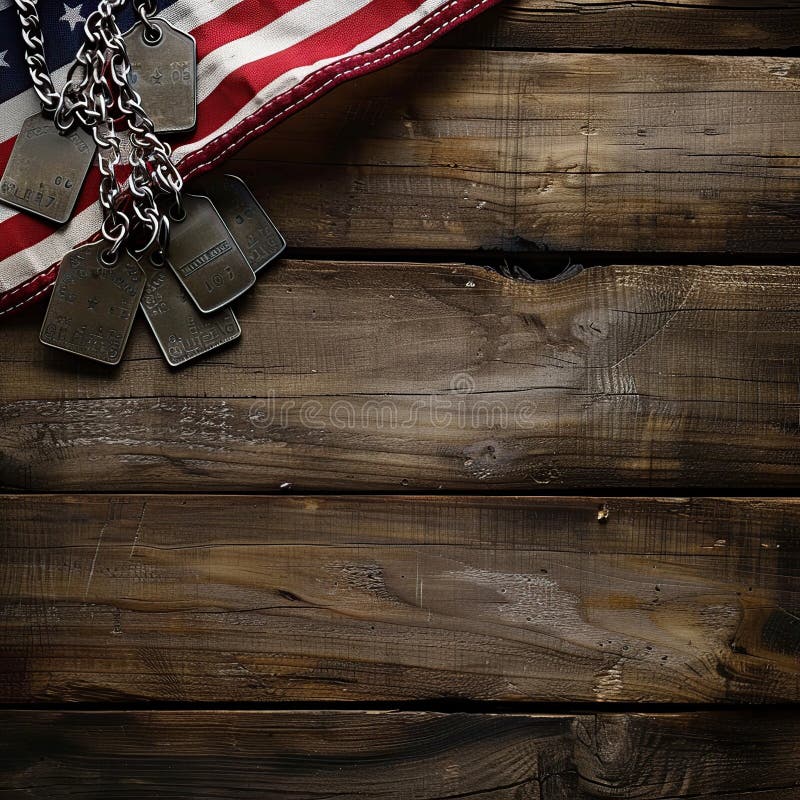 American Flag Draped with Military Dog Tags on Rustic Wood Stock ...