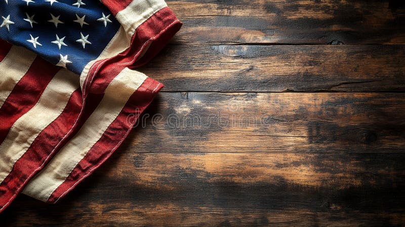 American Flag Draped on a Rustic Wooden Surface with Visible Grain and ...