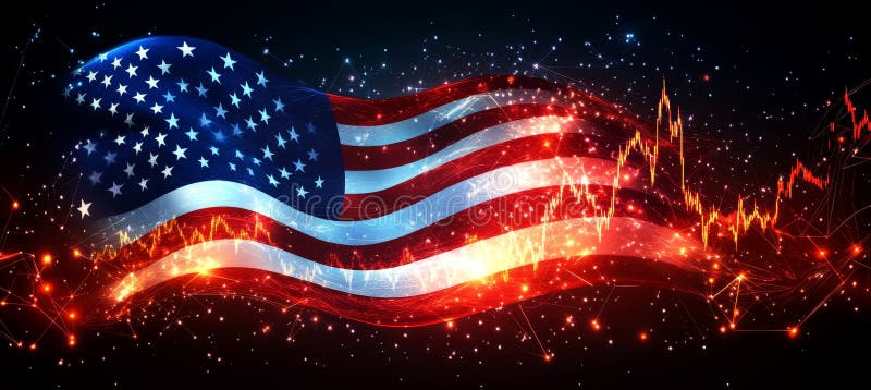 American Flag with Dynamic Financial Chart Lines, Bright Bold Colors ...
