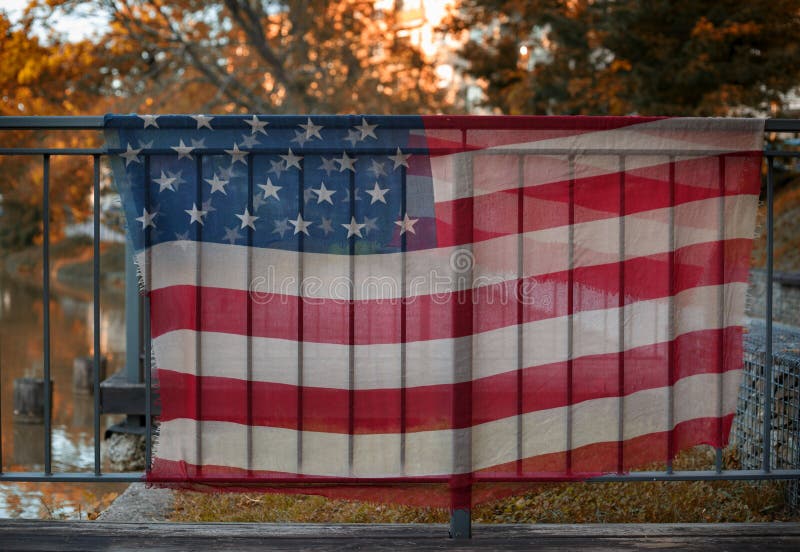 American Flag Fabric Hanging on the Terrace Railing Stock Image - Image ...