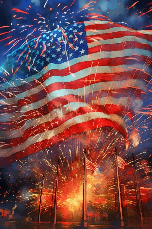 American Flag and Fireworks Display during a Celebration Stock ...