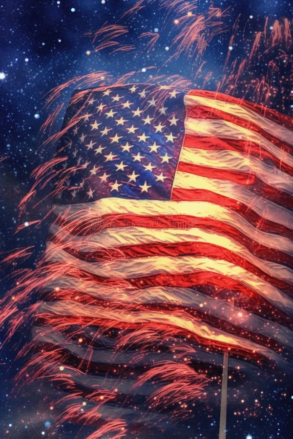American Flag with Fireworks in Night Sky Stock Illustration ...