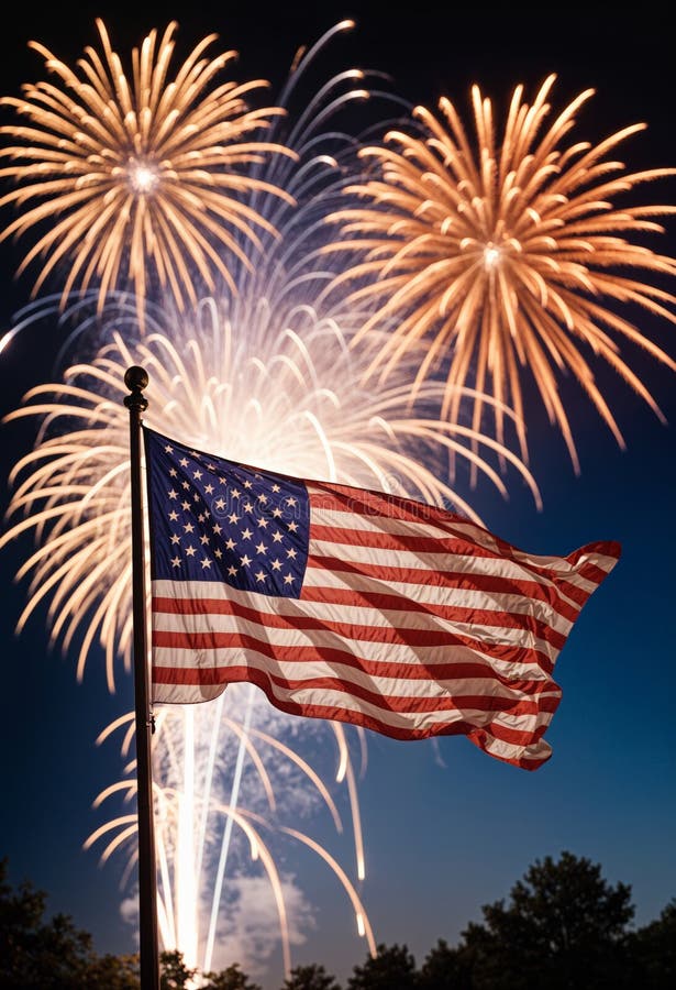American Flag and Fireworks in the Sky Stock Illustration ...