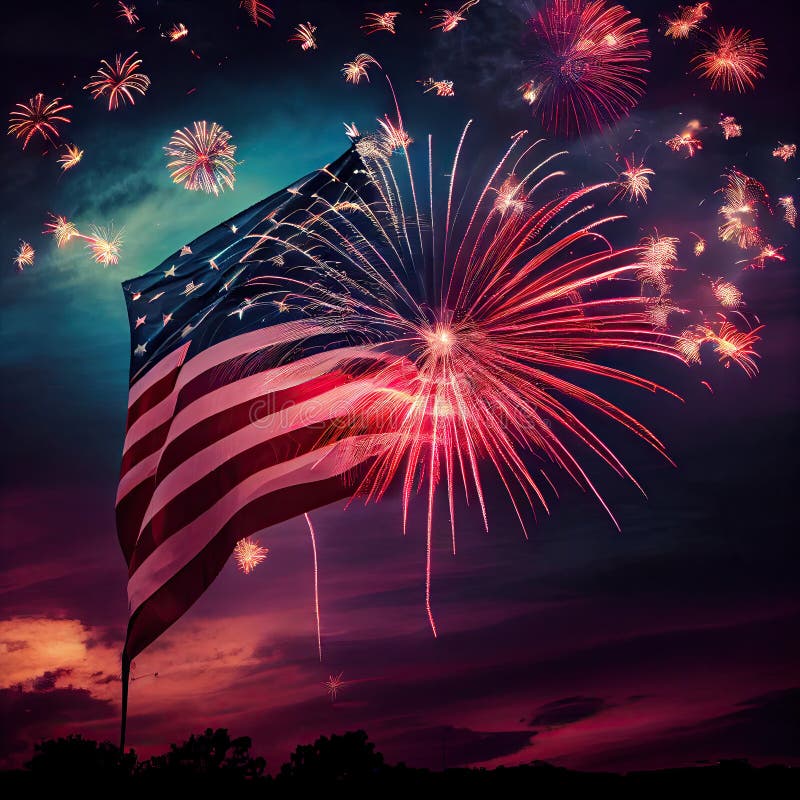 American Flag with Fireworks in the Sky at Night Stock Image - Image of ...