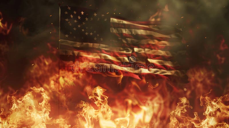 American Flag in the Flames with Smoke Stock Illustration ...