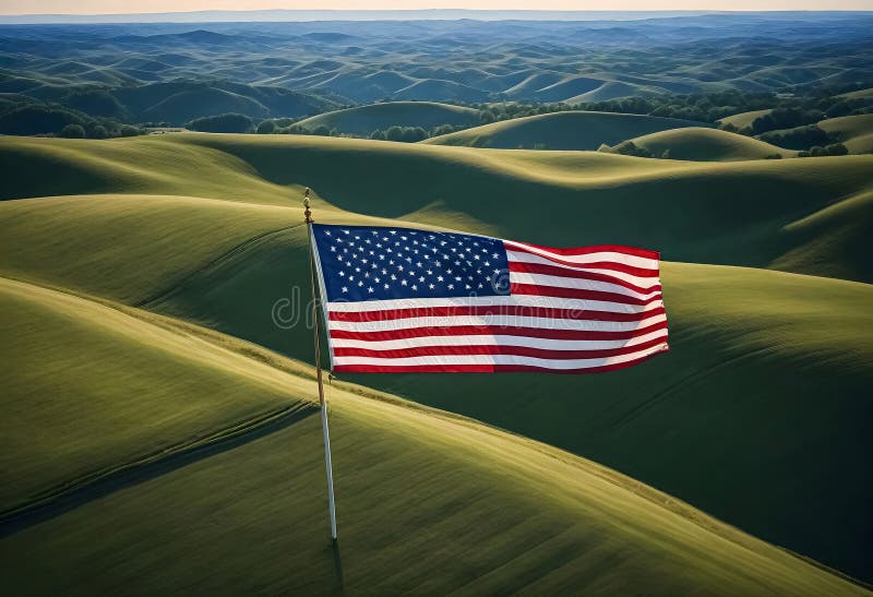 An American Flag is Flying in a Field with a Field of Green Grass and a ...