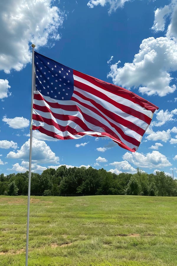 American Flag Flying Over Field Stock Photo - Image of lush, summer ...