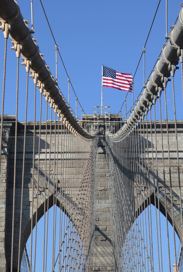 American Flag on Top of Famous Brooklyn Bridge Stock Image - Image of ...