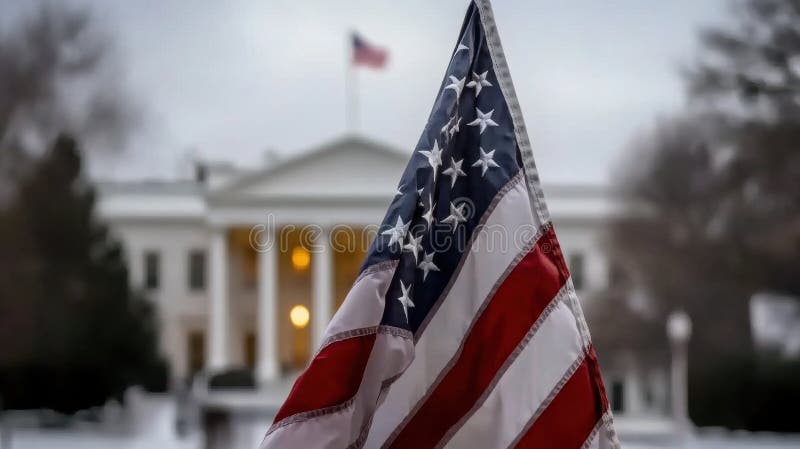 American Flag in Focus with Historic White House in the Background ...