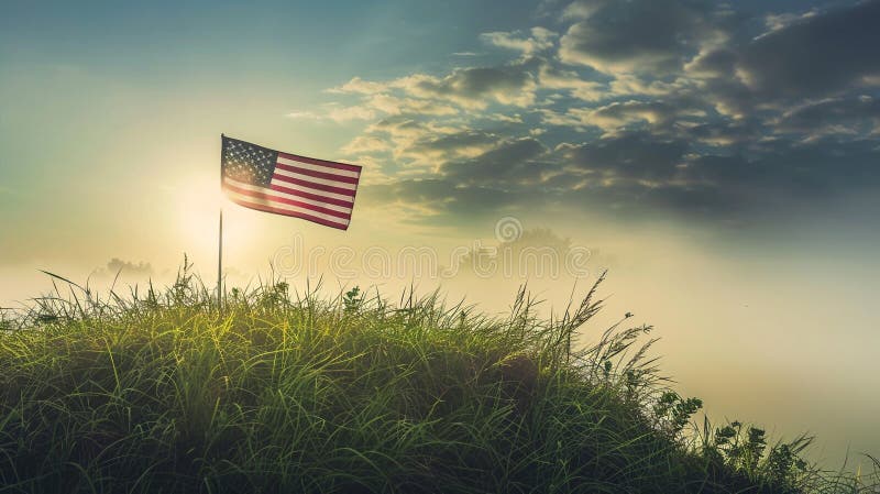 American Flag on Grassy Hill at Sunrise with Dramatic Silhouette Stock ...