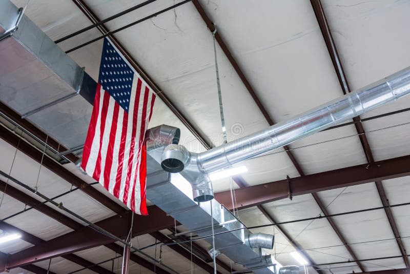 American Flag Hanging Proudly in Workshop Printing Production Fa Stock ...