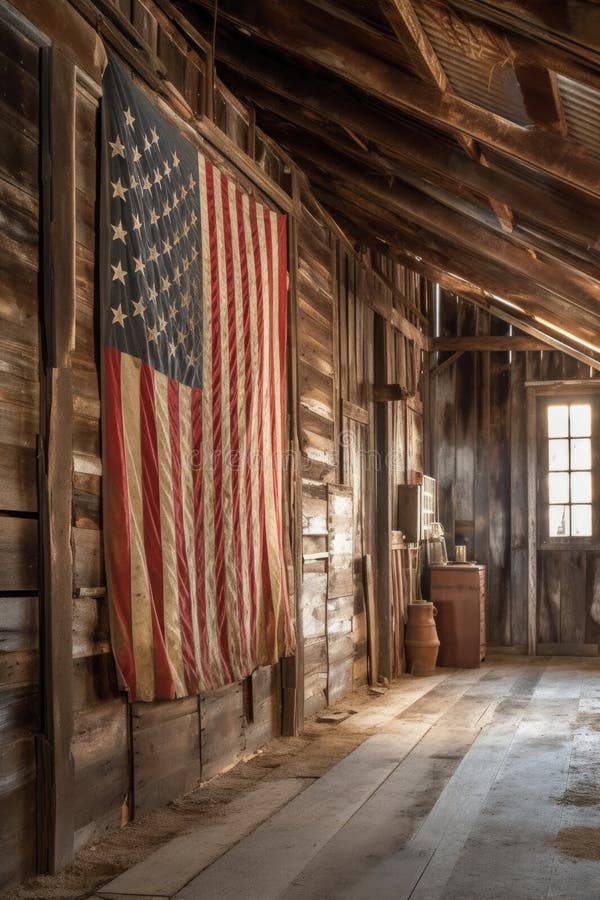 American Flag Hanging Vertically on a Rustic Barn Wall Stock ...