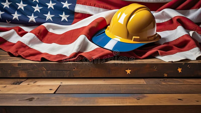 American Flag and Hard Hat on Wood. Stock Illustration - Illustration ...