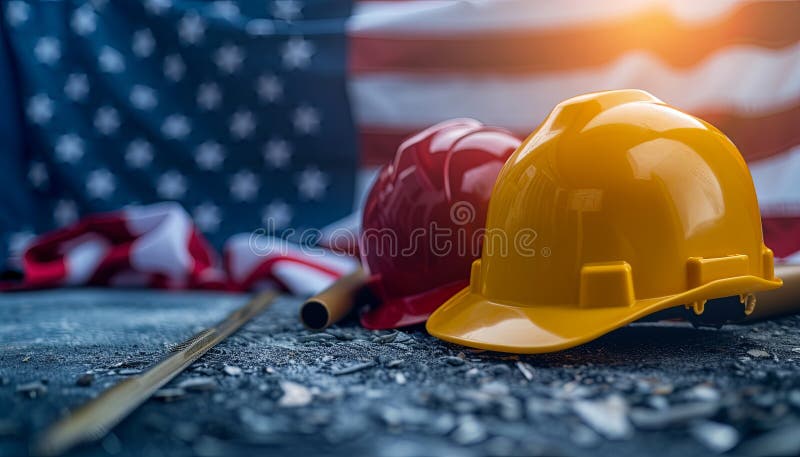 American Flag and Hardhat Worker and Labor Day Background. Stock ...