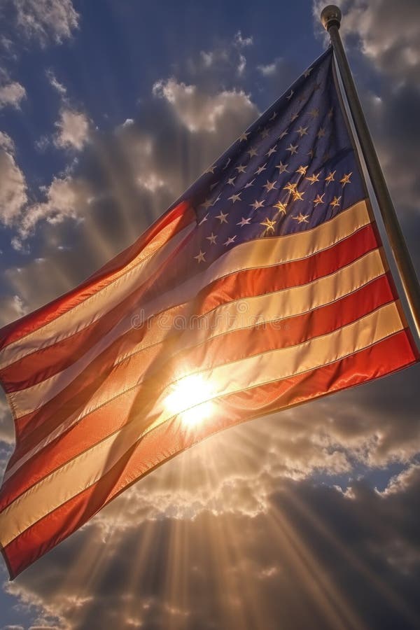 American Flag Illuminated by Sun Rays during Sunrise Stock Illustration ...