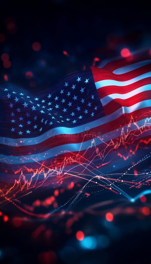 American Flag Merging with Dynamic Financial Chart Lines on Blue ...