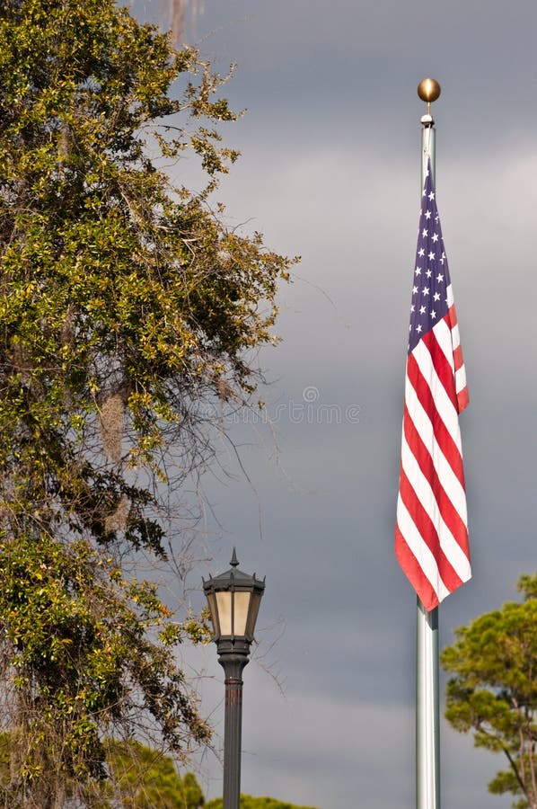 American Flag and Old Fashioned Lamp Post Stock Photo - Image of tree ...