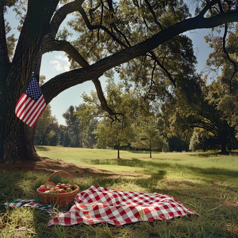 American Flag and Picnic Basket on a Checkered Blanket Under a Tree ...