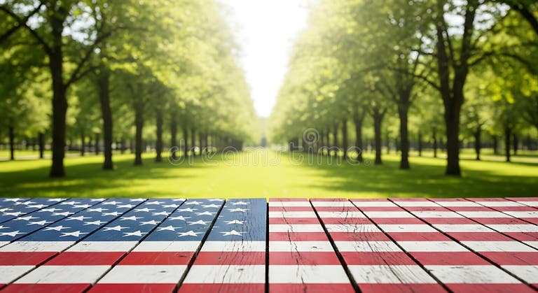 American Flag Picnic Table in a Sunny Park with Tree Lined Path Stock ...