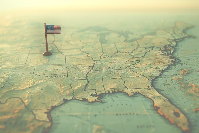 American Flag Pin on a Vintage Map of the United States Stock Image ...