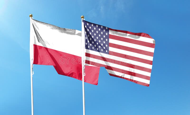 American Flag and Polish Flag on Cloudy Sky. Waving in the Sky Stock ...