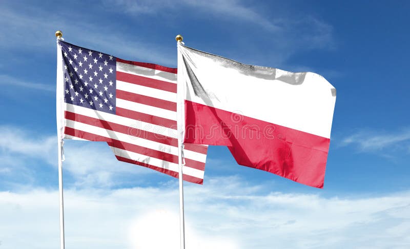 American Flag and Polish Flag on Cloudy Sky. Waving in the Sky Stock ...