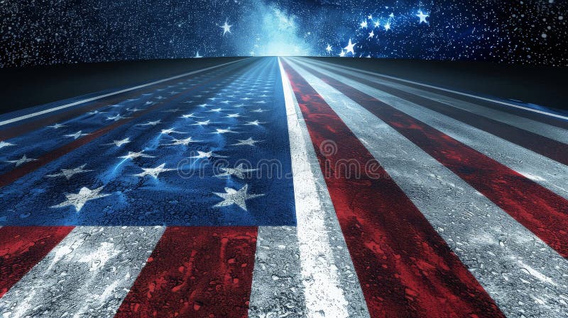 American Flag Road Under a Starry Sky Stock Illustration - Illustration ...