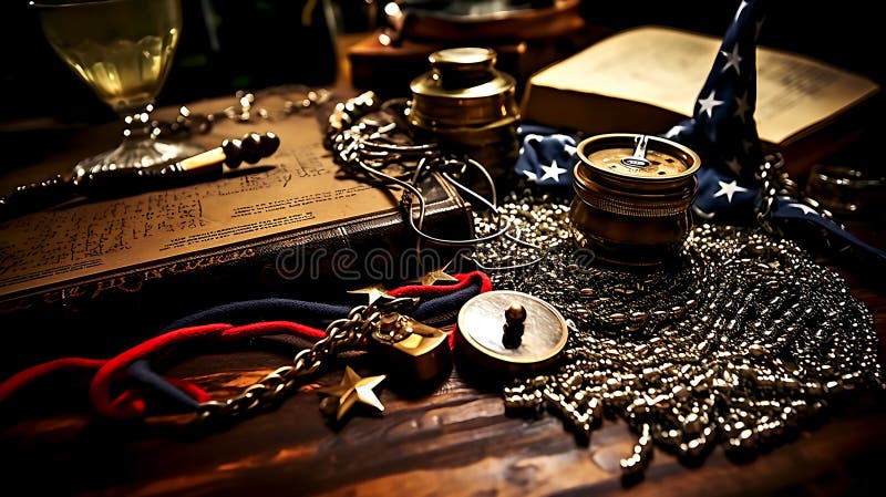 American Flag and Rope on Treasure Map on the Table for Colombus Day ...