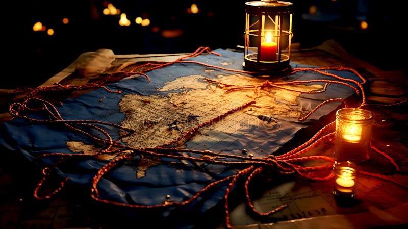 American Flag and Rope on Treasure Map on the Table for Colombus Day ...