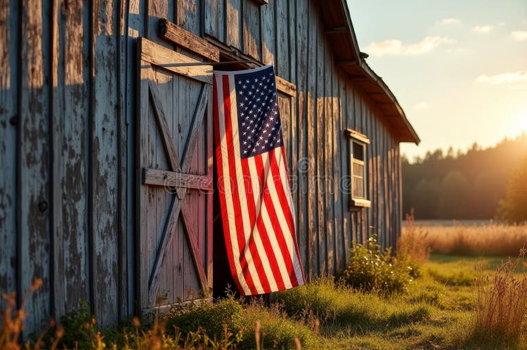 American Flag on Rustic Barn at Sunset in Countryside Setting Stock ...