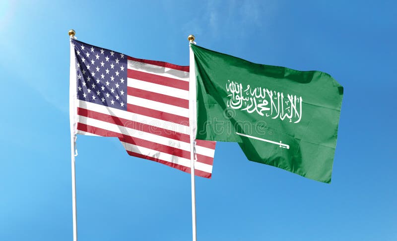 American Flag and Saudi Arabia Flag on Cloudy Sky. Stock Photo - Image ...